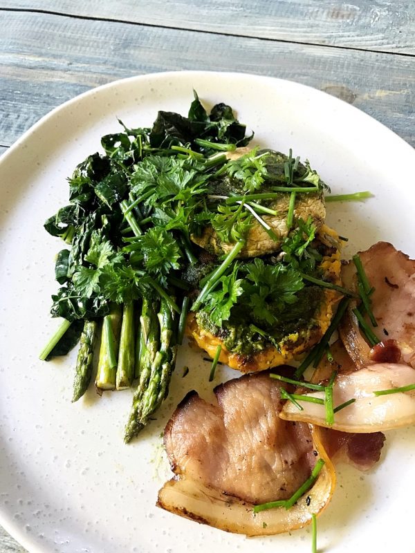 Pumpkin Rosti with Pesto Mushroom, Greens, Bacon - Penny Benjamin
