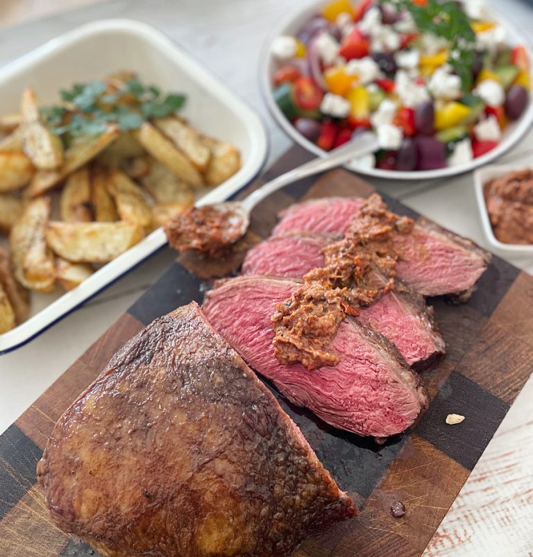 Roast Beef Rump Cap with Roast Capsicum Tapenade and Village Salad
